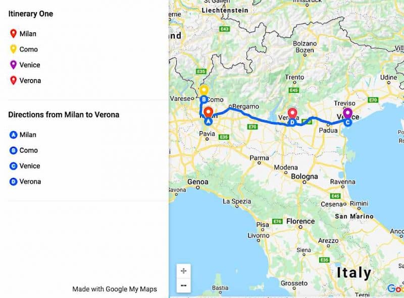 Travel map of northern italy